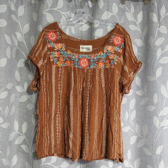 Savanna Jane | Tops | Savanna Jane Brown Embroidered Floral Top Size 2x ...